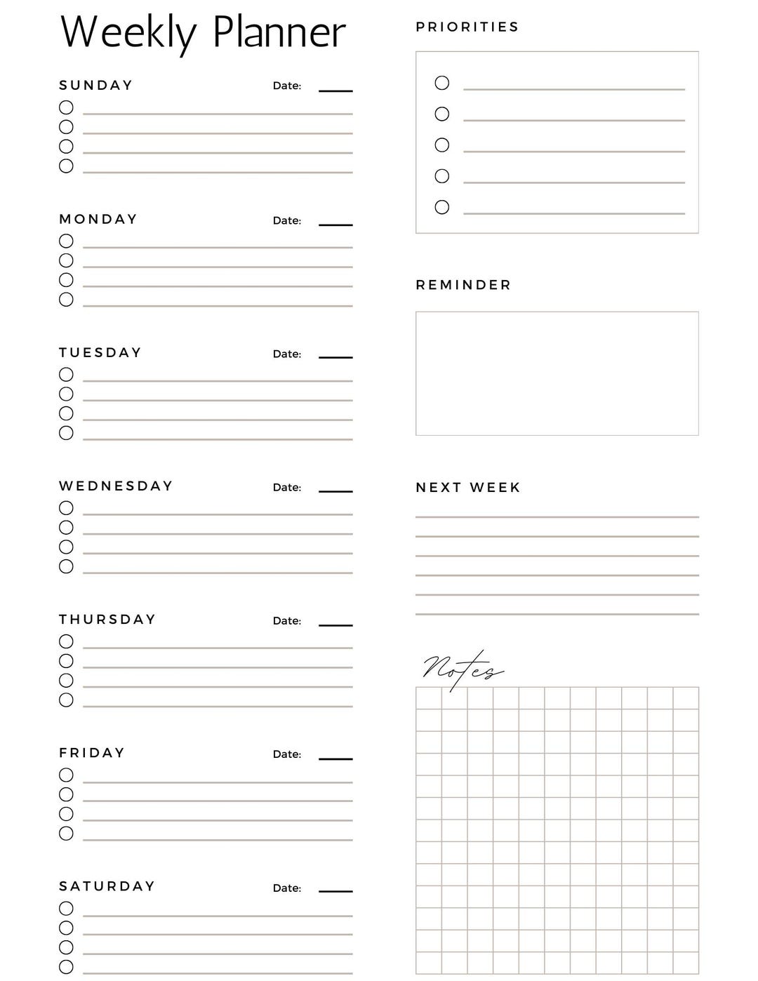 Simple Weekly Planner Minimalist Planner Organize Your Week ...