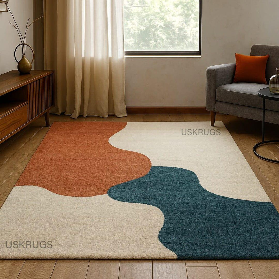 Modern Tufted Abstract Area Rug – Beige, Rust & Teal Wavy Design Carpet ...