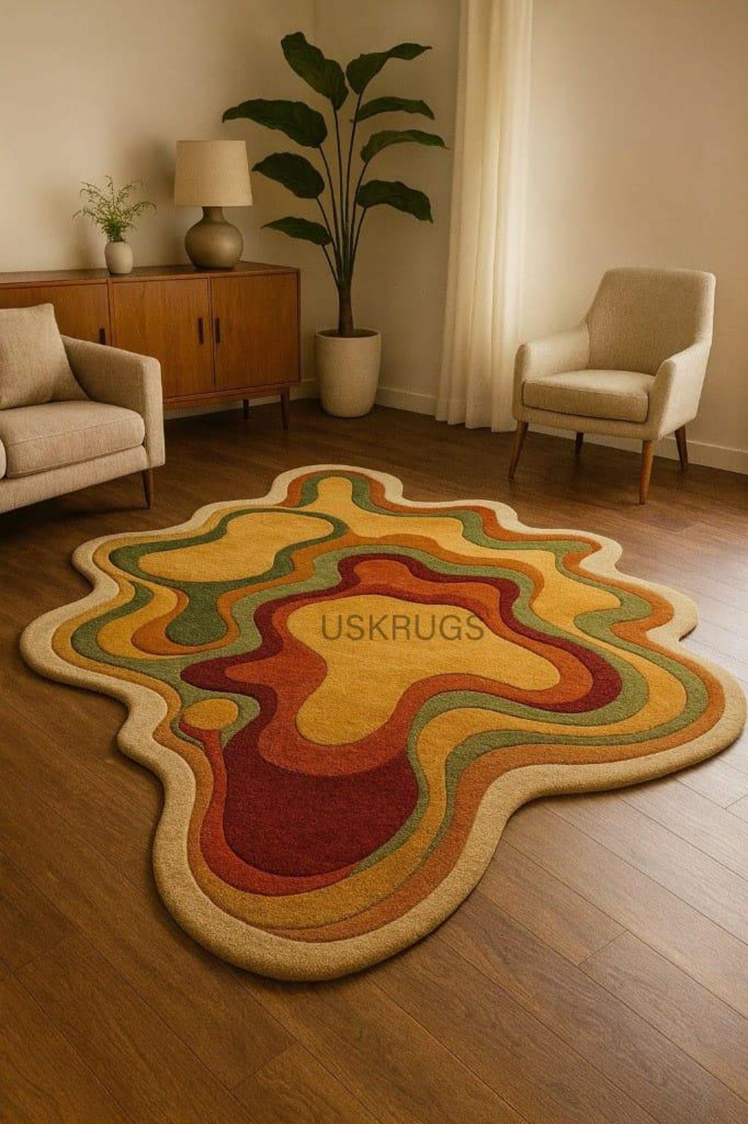 Handmade Wool Rug Retro Wavy Abstract Area Rug 6x9 Groovy Colorful ...