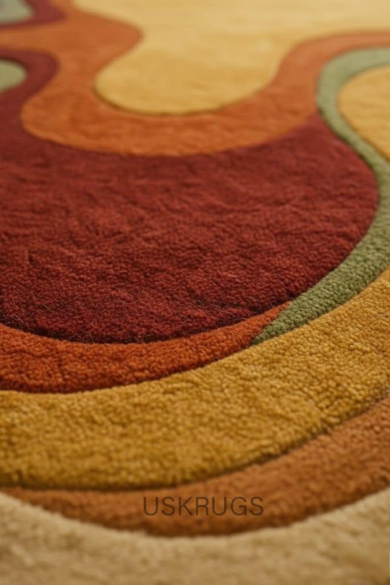 Handmade Wool Rug Retro Wavy Abstract Area Rug 6x9 Groovy Colorful ...