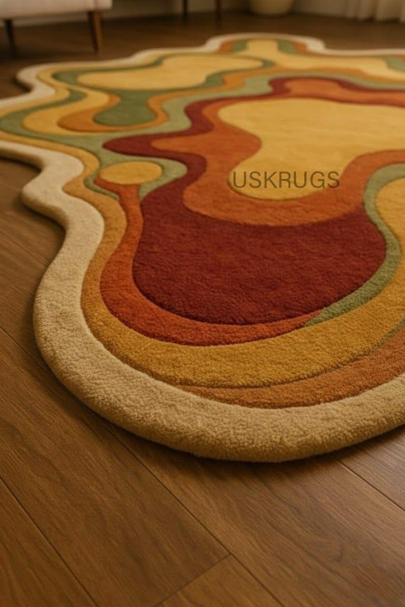 Handmade Wool Rug Retro Wavy Abstract Area Rug 6x9 Groovy Colorful ...