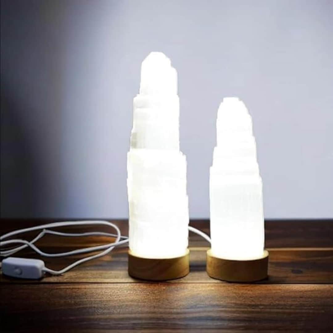 Selenite Lamp USB LED Table Lamp Wooden Base White Light Desk Crystal ...