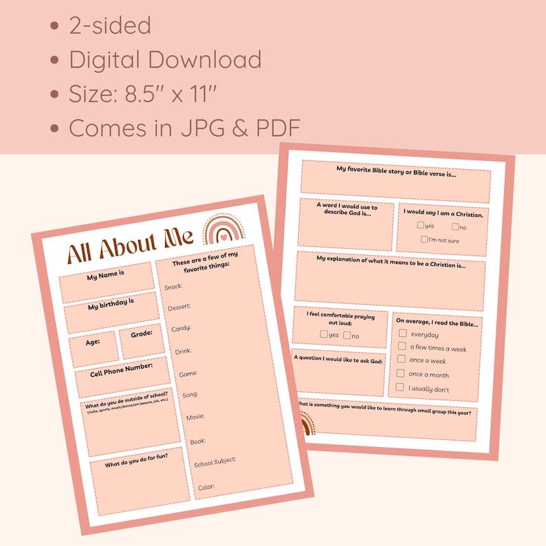 Christian All About Me Worksheet: Boho Rainbow Bible Study (PDF & JPG ...