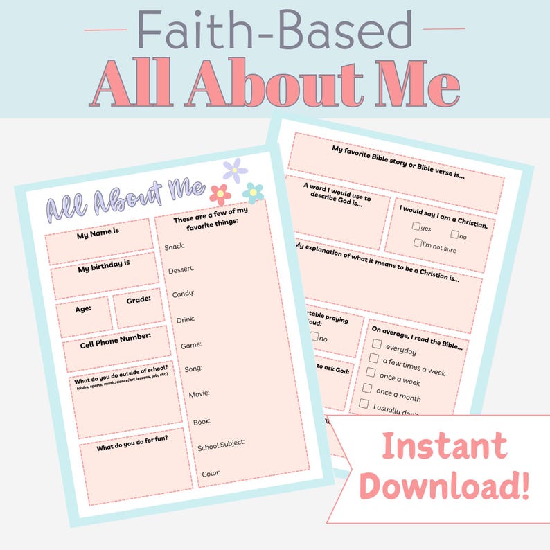 Christian All About Me Worksheet: Bible Study, Youth Group (PDF) - Etsy