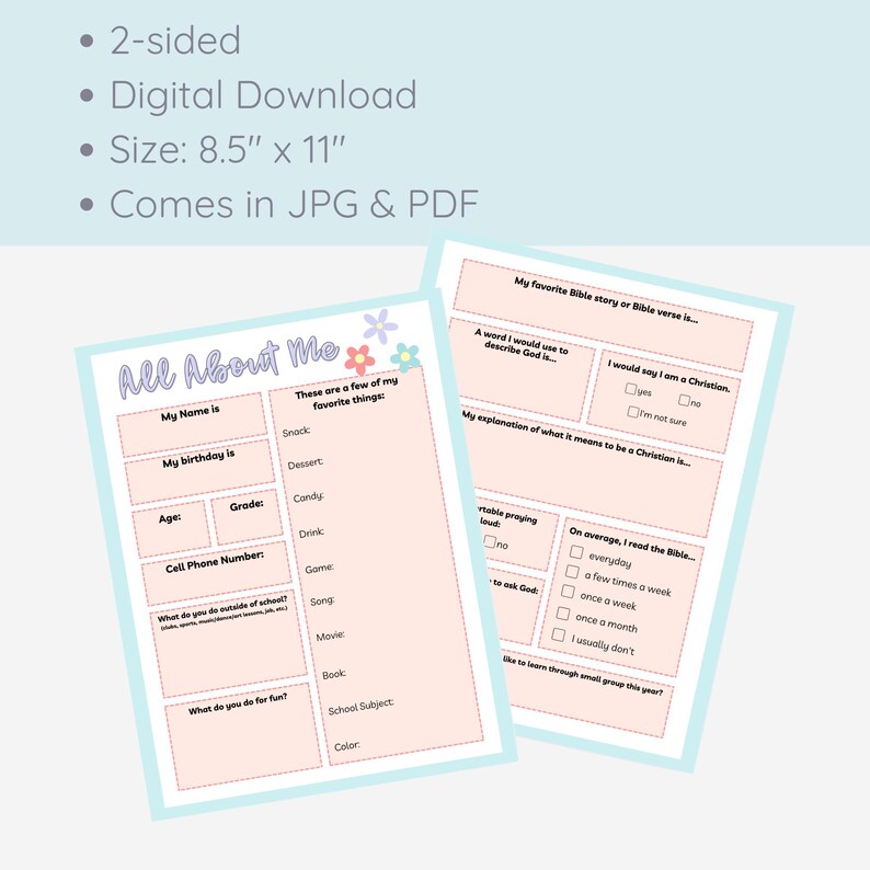 Christian All About Me Worksheet: Bible Study, Youth Group (PDF) - Etsy