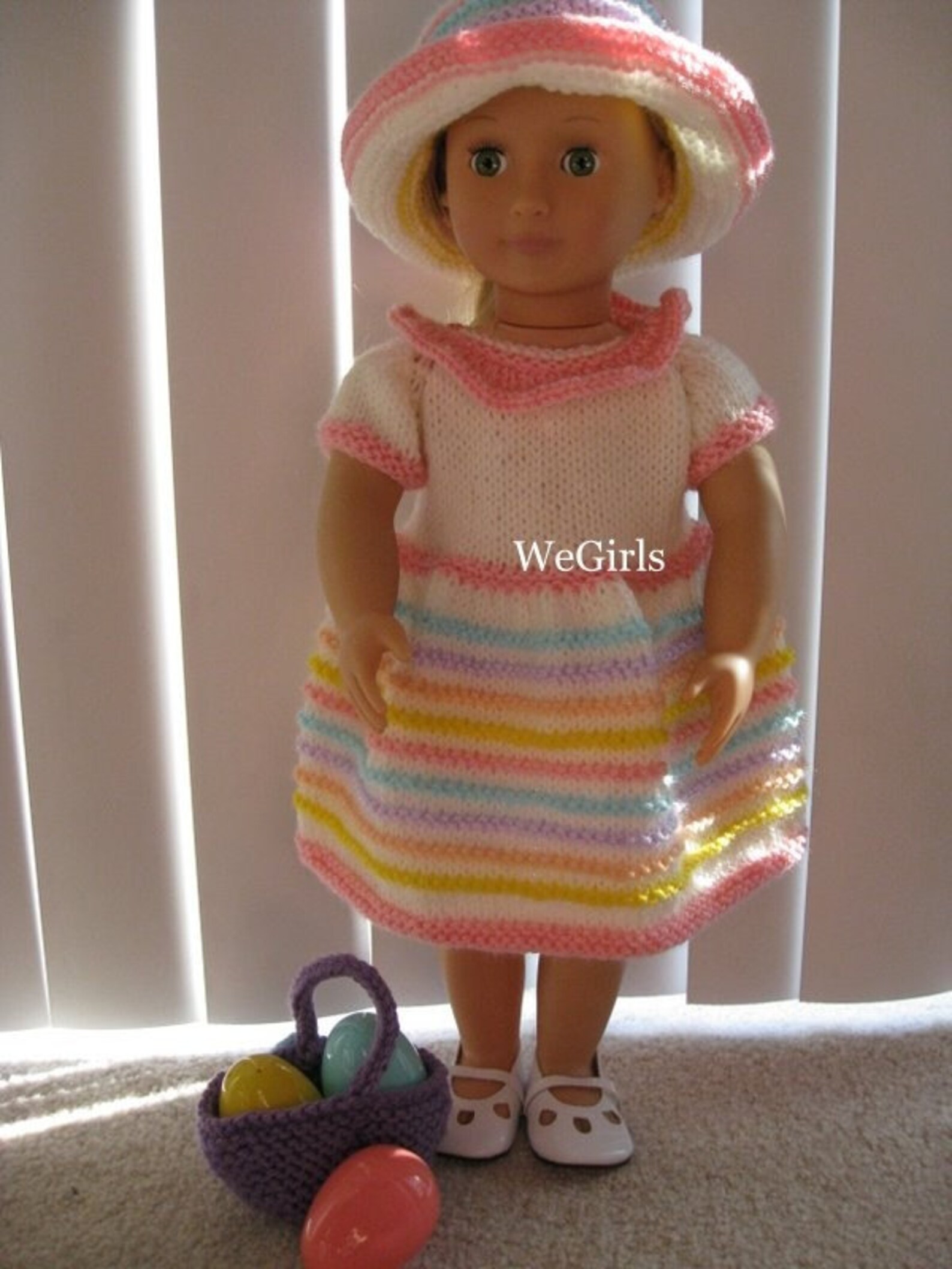Knit Pattern Doll Clothes Fits 18 Inch Girl Doll Spring Dress Set Hat ...
