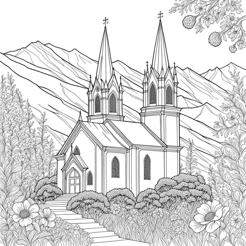 Church Coloring Pages, Church Coloring Book, Floral Church Coloring ...