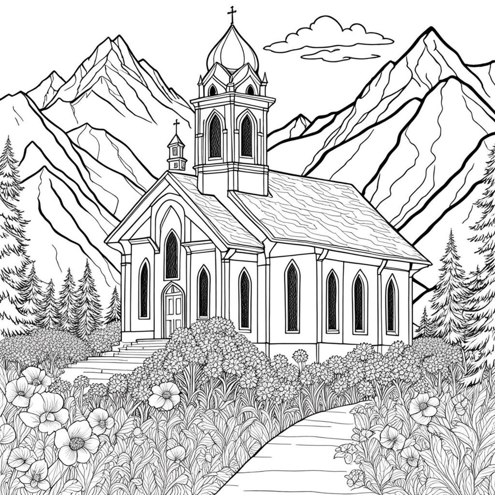 Church Coloring Pages, Church Coloring Book, Floral Church Coloring ...