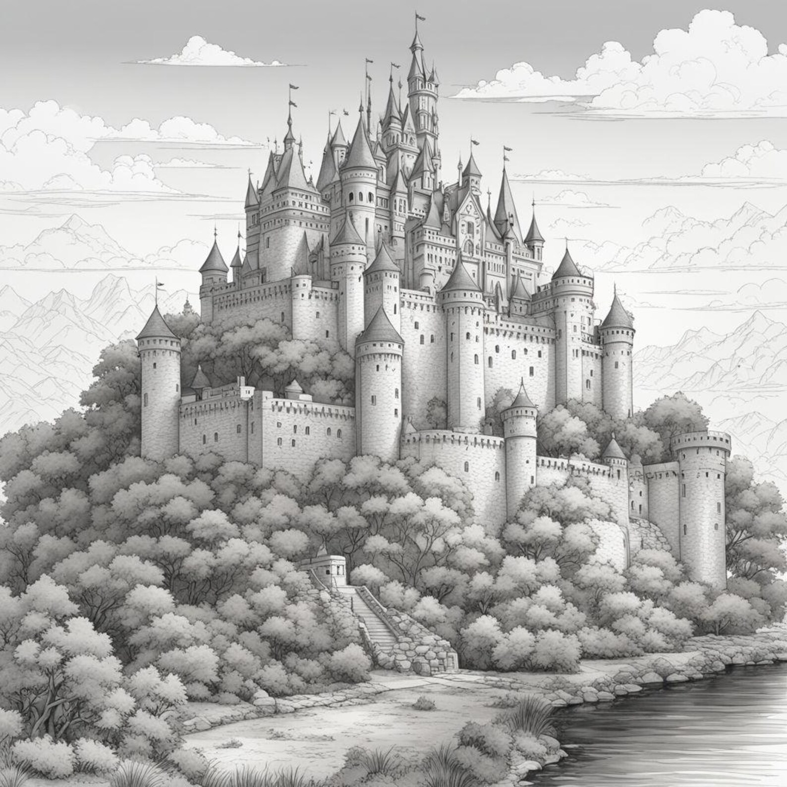 Castle Coloring Page, Fantasy Castle Coloring, Adult Coloring, Medieval ...