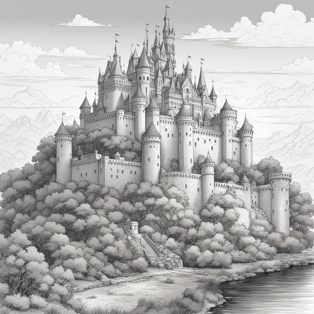 Castle Coloring Page, Fantasy Castle Coloring, Adult Coloring, Medieval ...