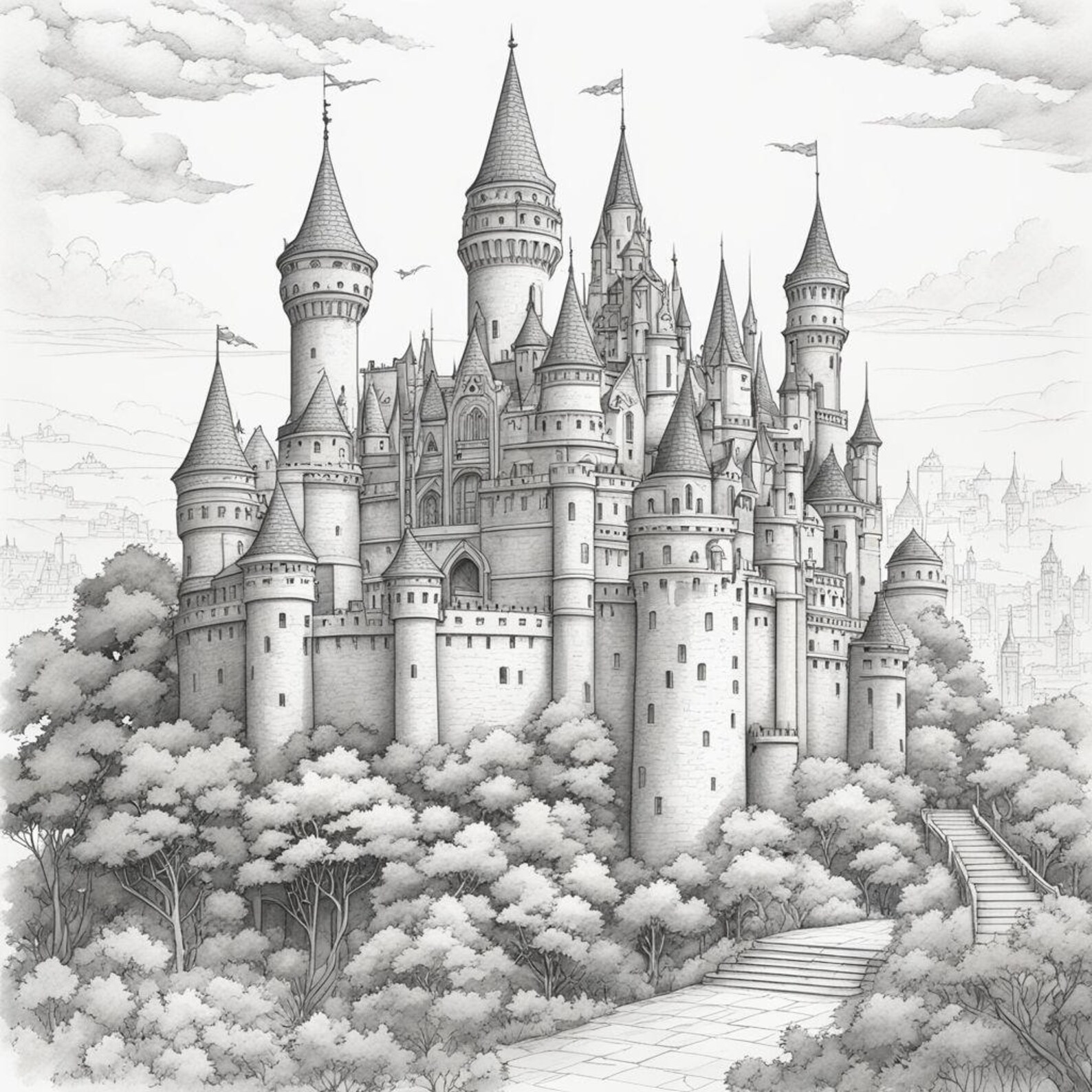 Castle Coloring Page, Fantasy Castle Coloring, Adult Coloring, Medieval ...