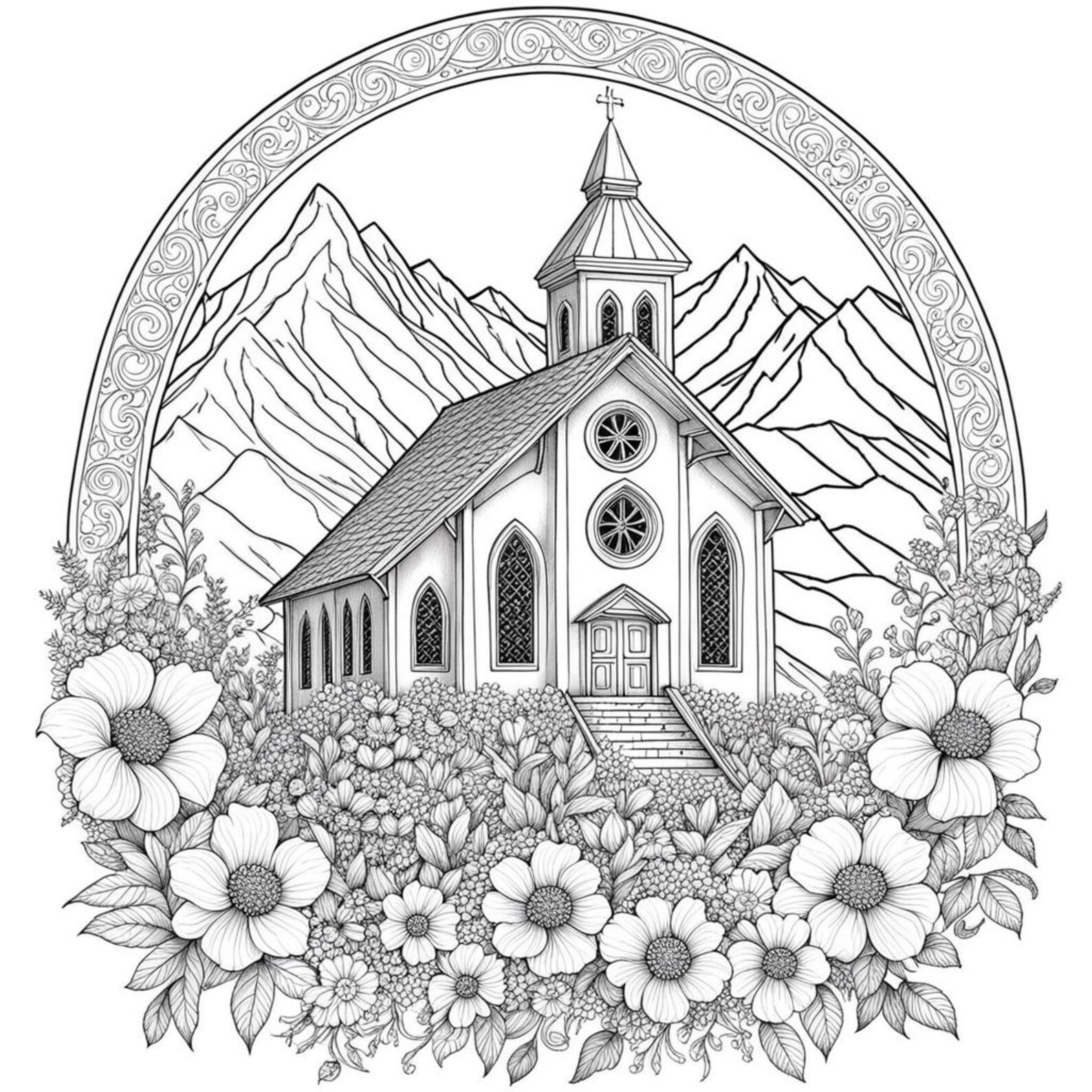 Church Coloring Pages, Church Coloring Book, Floral Church Coloring ...