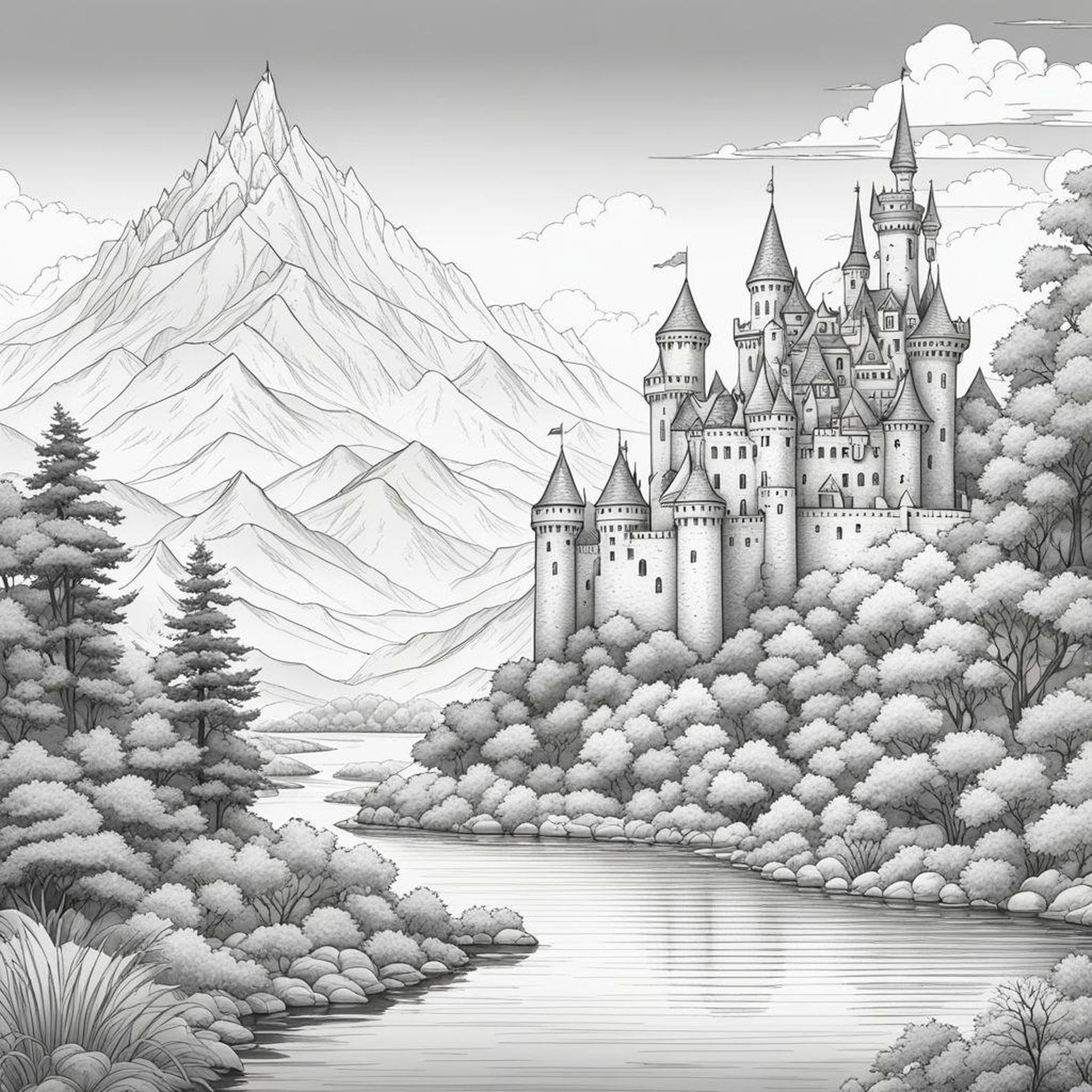 Castle Coloring Page, Fantasy Castle Coloring, Adult Coloring, Medieval ...