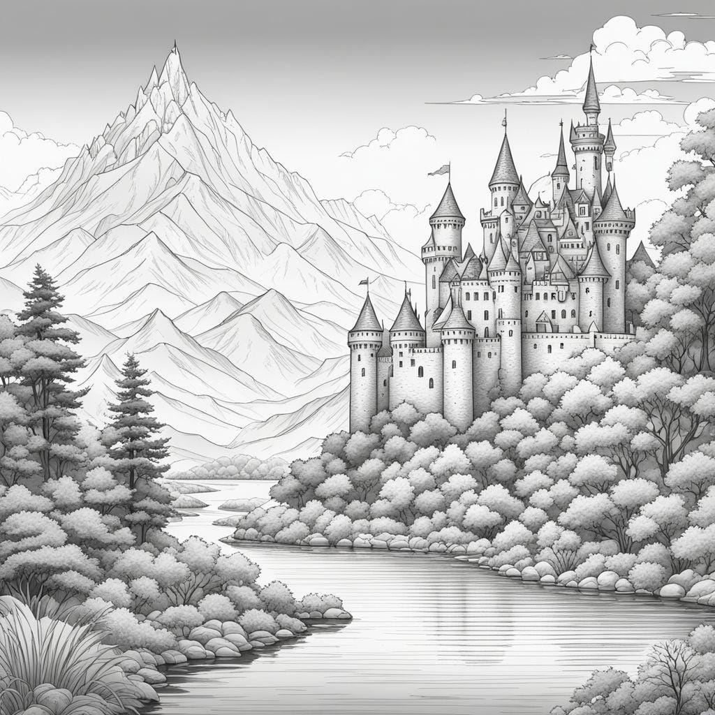 Castle Coloring Page, Fantasy Castle Coloring, Adult Coloring, Medieval ...