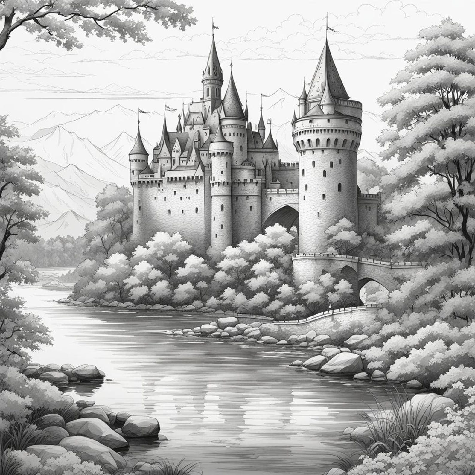 Castle Coloring Page, Fantasy Castle Coloring, Adult Coloring, Medieval ...