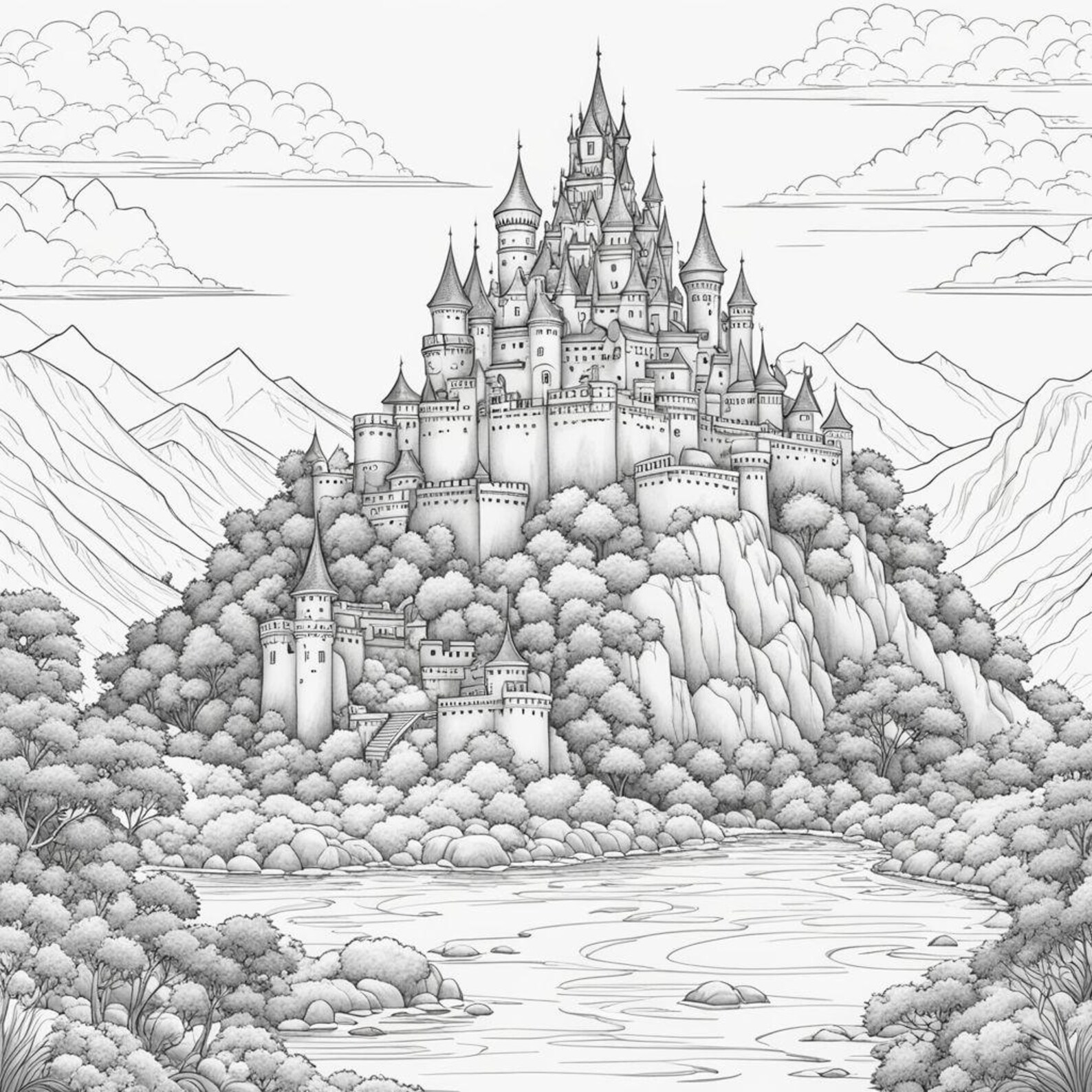 Castle Coloring Page, Fantasy Castle Coloring, Adult Coloring, Medieval ...