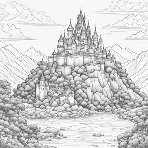 Castle Coloring Page, Fantasy Castle Coloring, Adult Coloring, Medieval ...