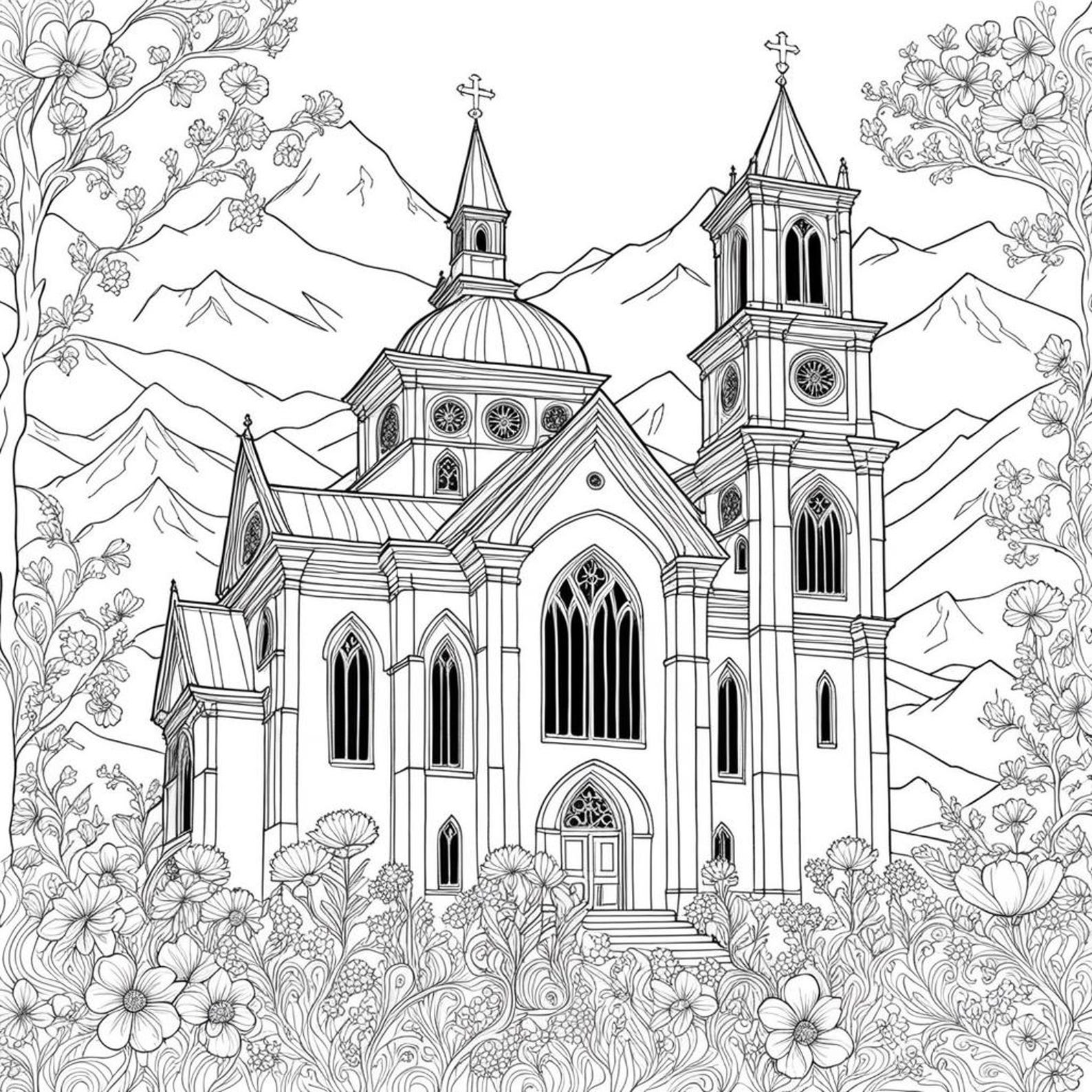Church Coloring Pages, Church Coloring Book, Floral Church Coloring ...
