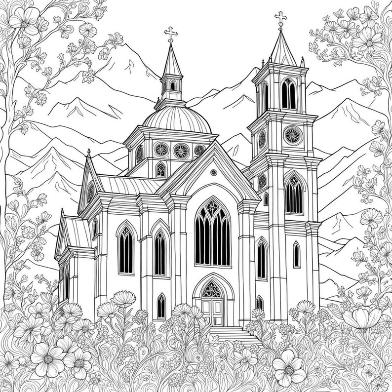 Church Coloring Pages, Church Coloring Book, Floral Church Coloring ...