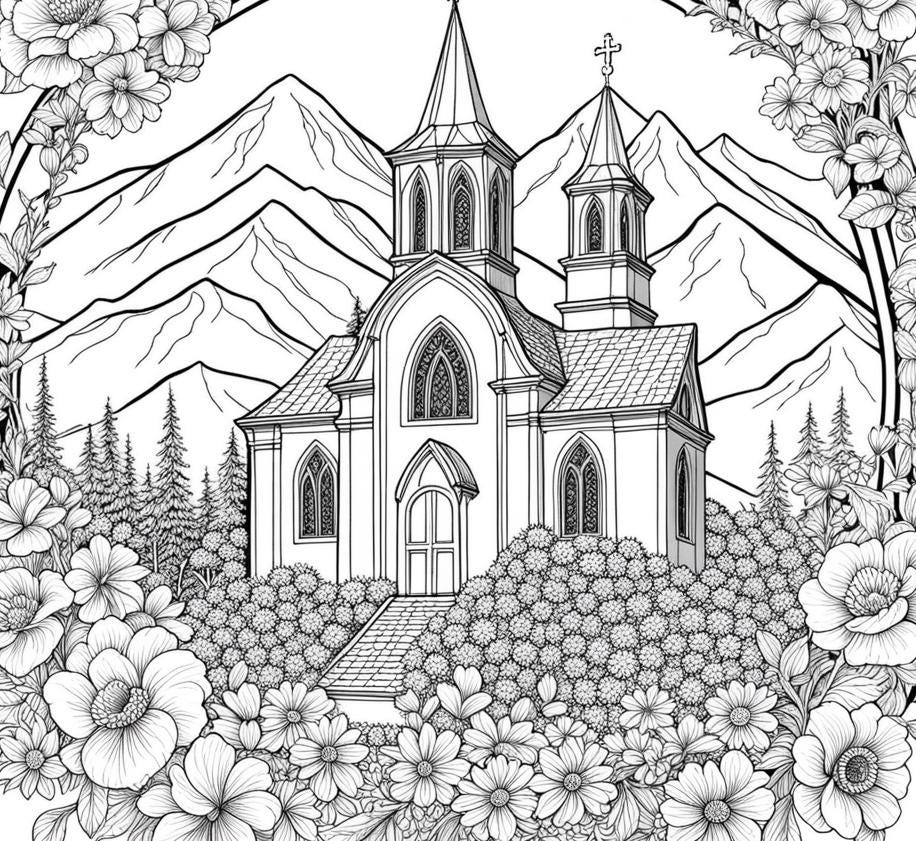 Church Coloring Pages, Church Coloring Book, Floral Church Coloring ...