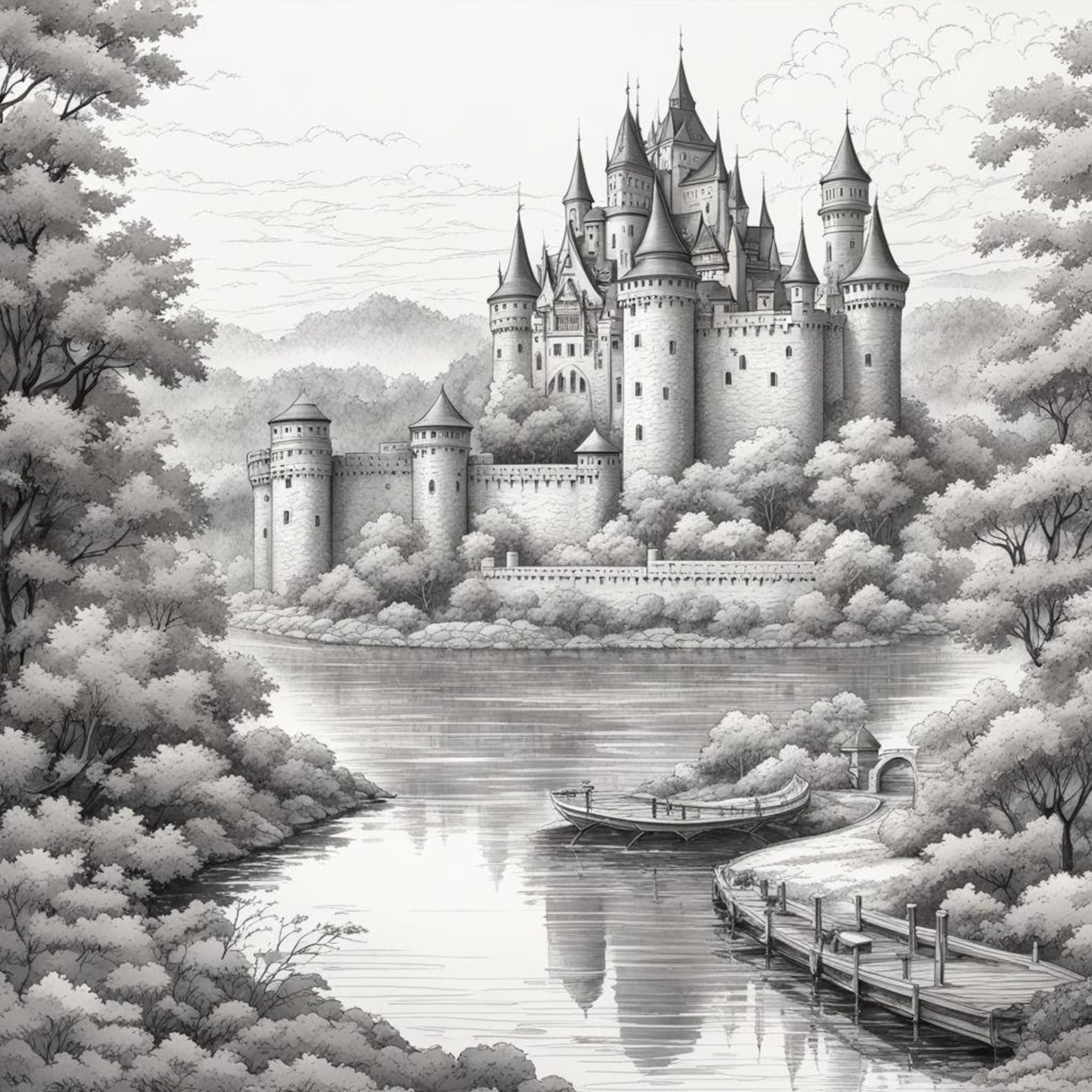 Castle Coloring Page, Fantasy Castle Coloring, Adult Coloring, Medieval ...