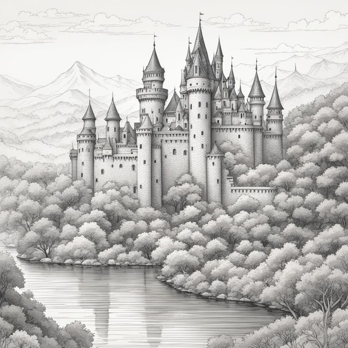 Castle Coloring Page, Fantasy Castle Coloring, Adult Coloring, Medieval ...