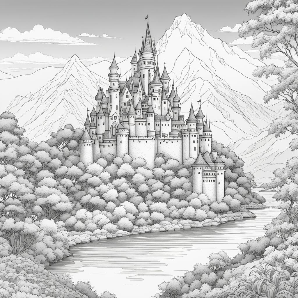 Castle Coloring Page, Fantasy Castle Coloring, Adult Coloring, Medieval ...