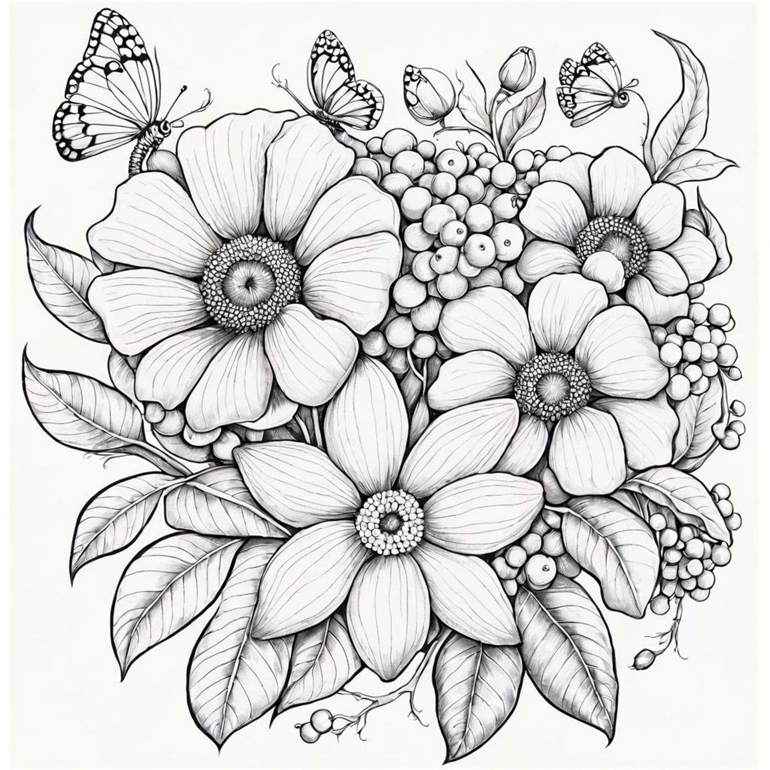 Flowers Coloring Page, Botanical Flowers Coloring, Floral Coloring ...
