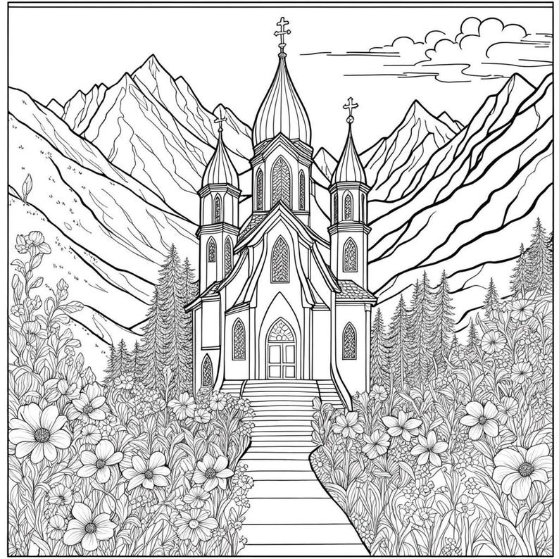 Church Coloring Pages, Church Coloring Book, Floral Church Coloring ...