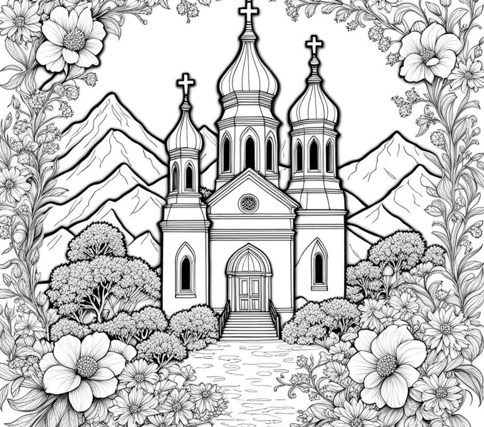 Church Coloring Pages, Church Coloring Book, Floral Church Coloring ...