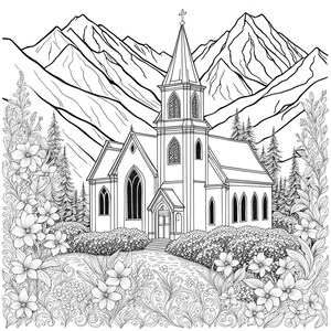 Church Coloring Pages, Church Coloring Book, Floral Church Coloring ...