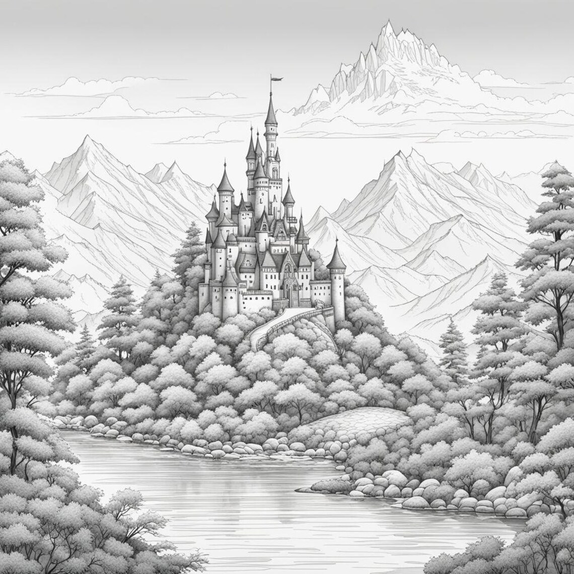 Castle Coloring Page, Fantasy Castle Coloring, Adult Coloring, Medieval ...