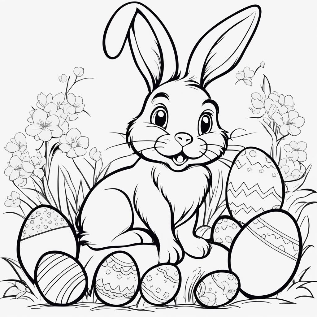 Easter Bunny Coloring, Chicks & Eggs Coloring Page, Adults Easter ...