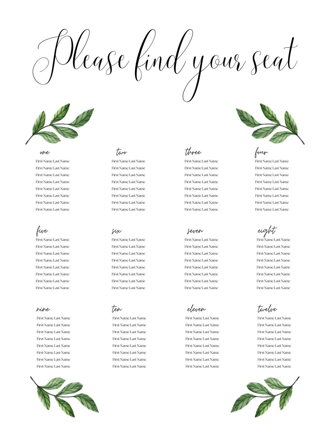 Wedding Seating Chart Template, Greenery, Vines, Floral, Find Your Seat ...
