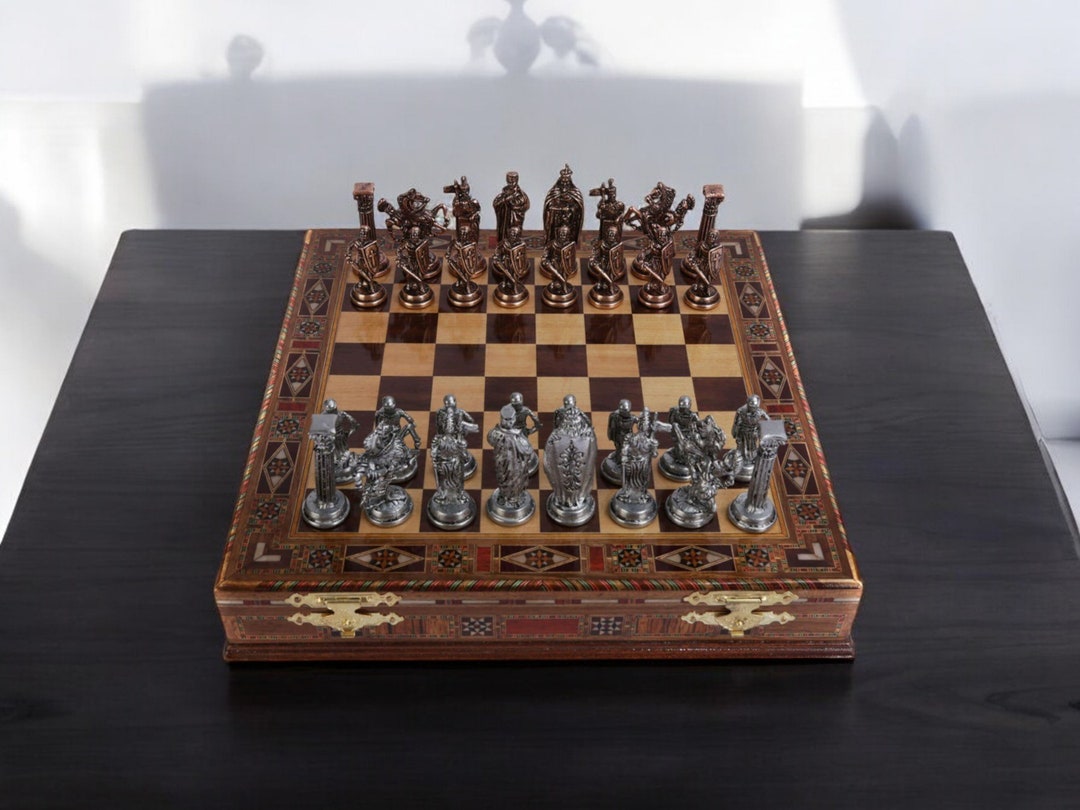 Antique Copper English Chess Set With Solid Wood Boxed Board ...