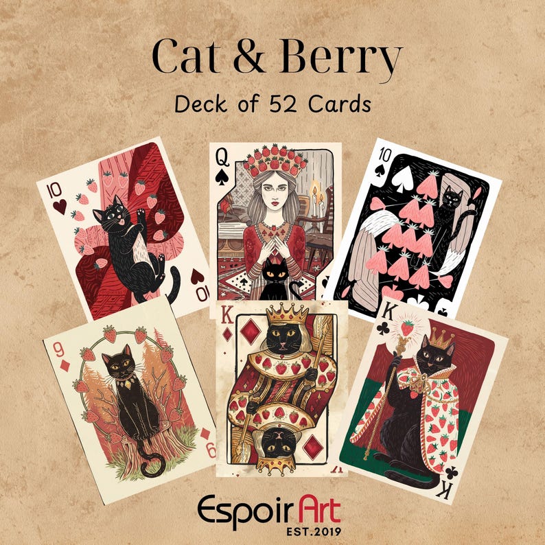 Strawberry Cat Poker Deck: 52 Hand-drawn Card Game Art (digital ...