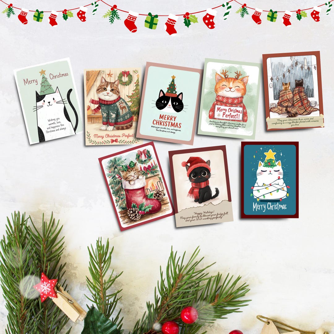 Set of 8 Cute Christmas Cat Cards Cat-themed Holiday Cards Printable ...