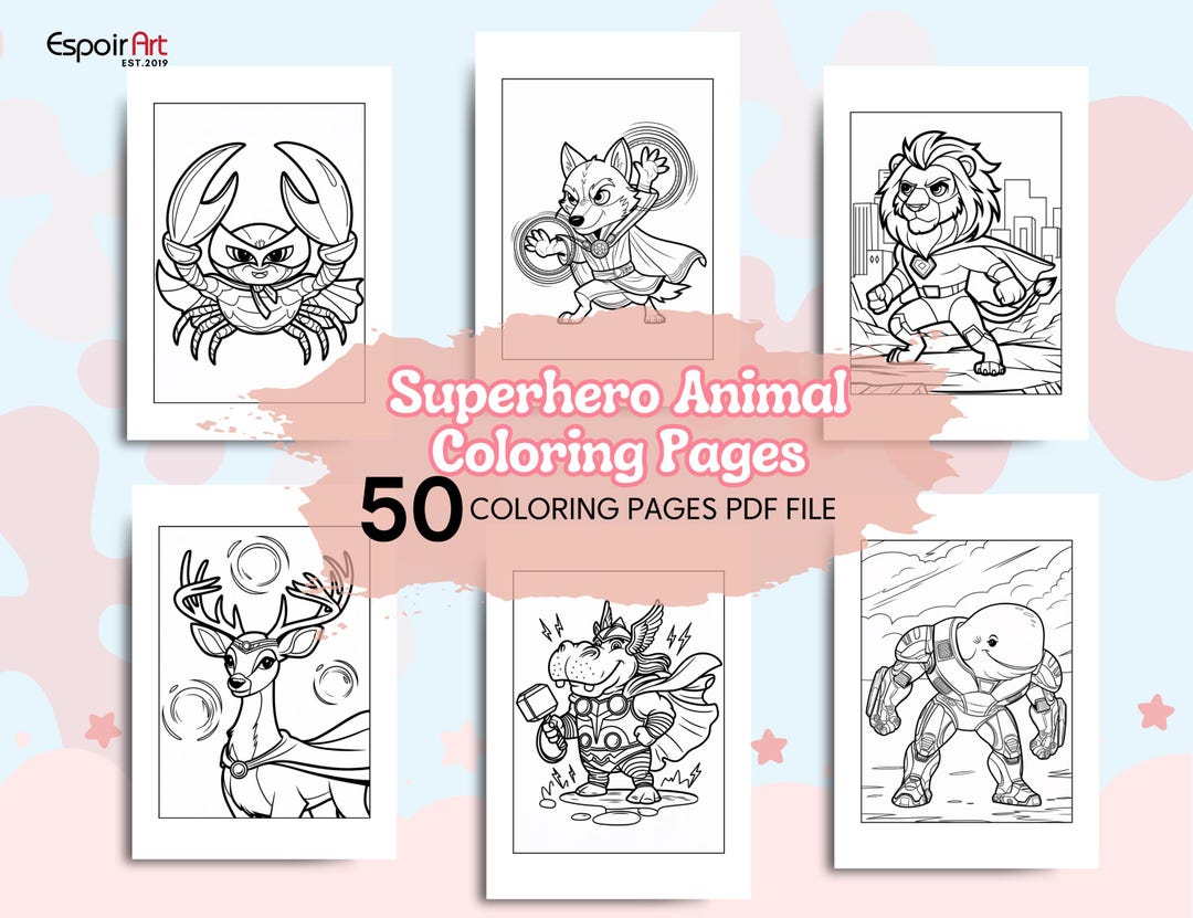 Superhero Animal Coloring Pages for Kids | 50 Printable Digital ...