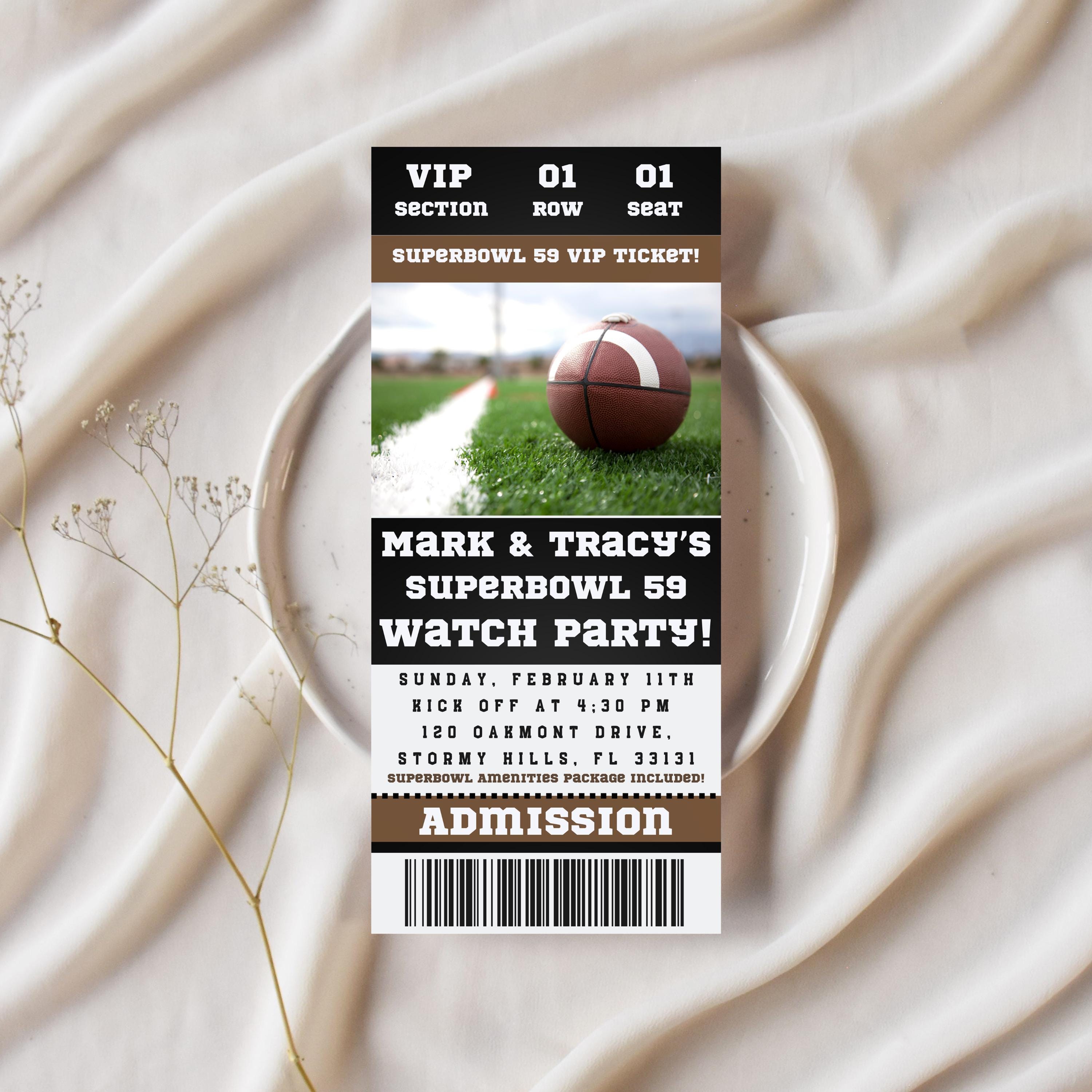 Super Bowl Watch Party Invite Editable Digital Ticket Template Football ...