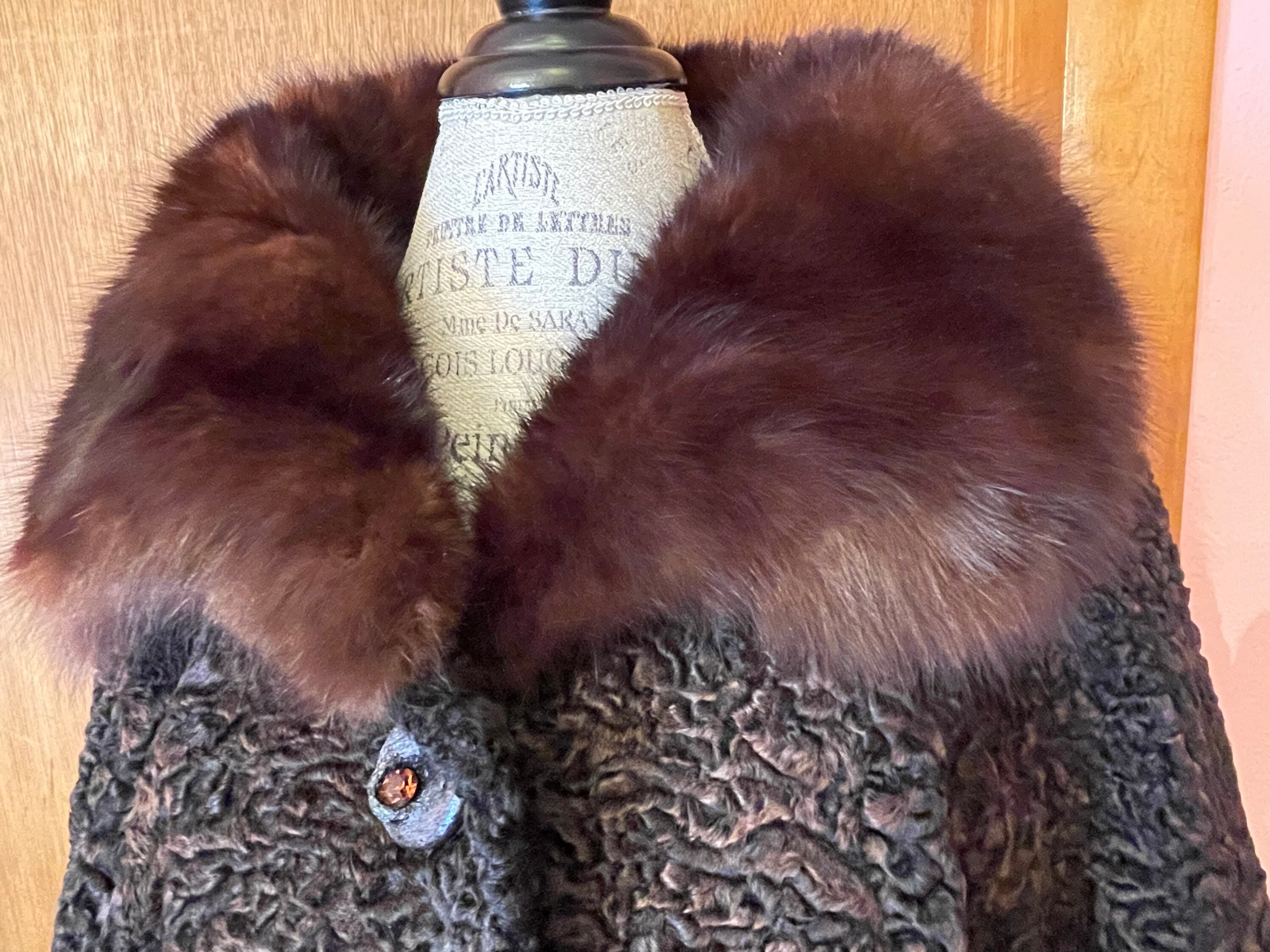 Vintage Brown and Black Curly Persian Lamb Fur Coat With Vintage Brown and Black Curly Persian Lamb Fur Coat With