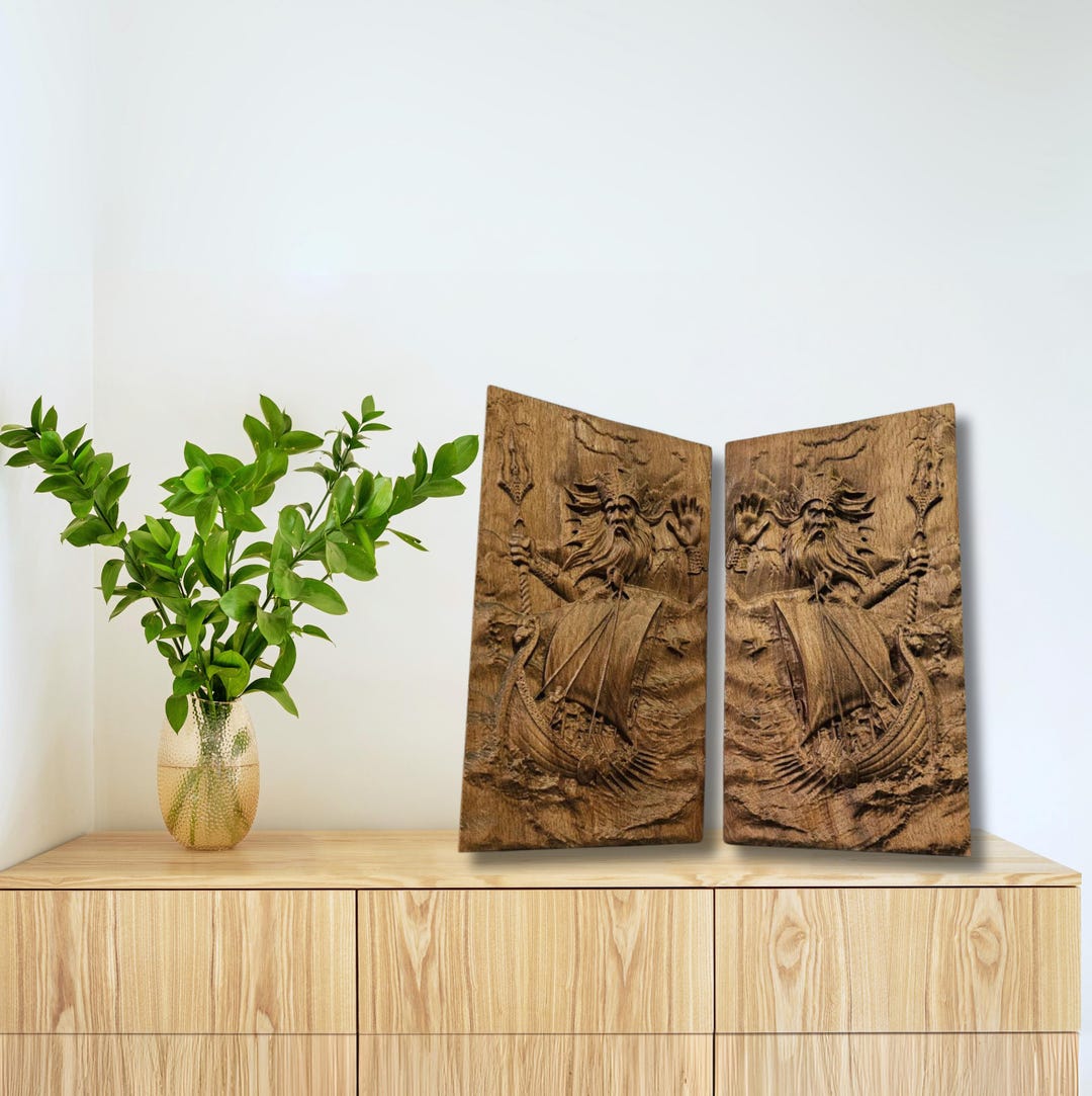 Wooden Carved Panel of Norse God Njord | Beech Wood Viking Wall Art ...
