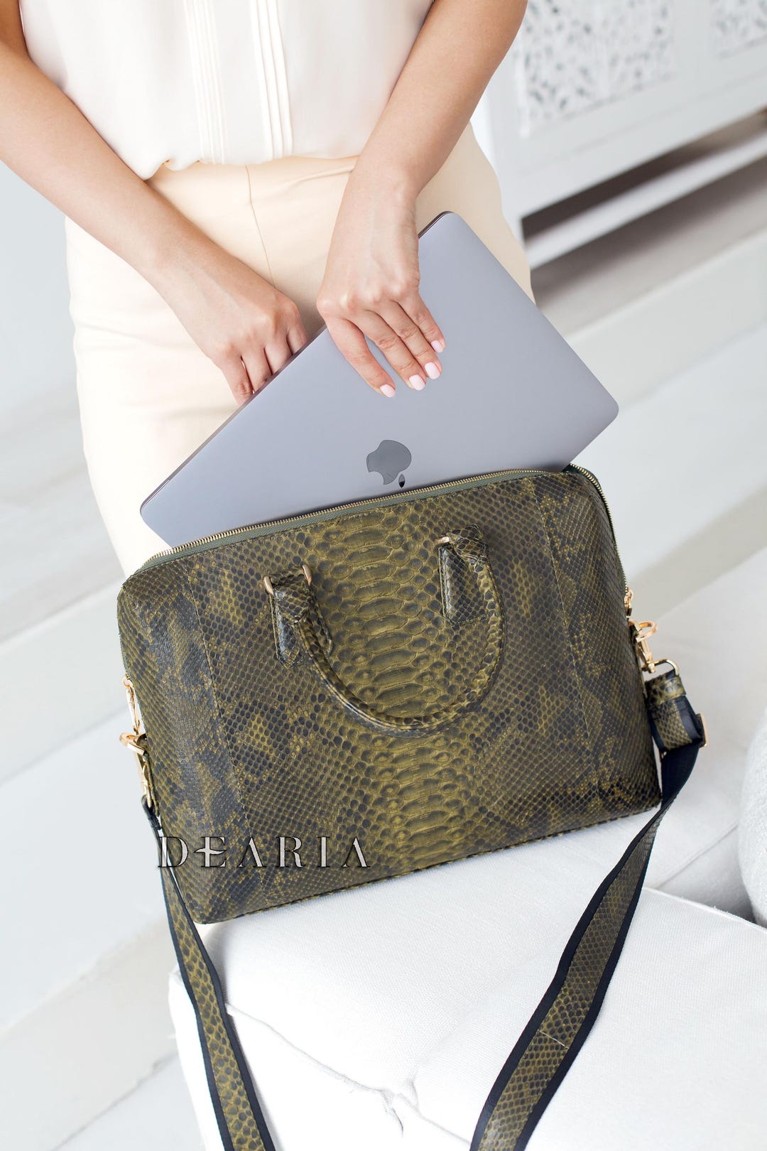 Genuine Python Leather Laptop Bag – Olive Green Snakeskin Slim ...