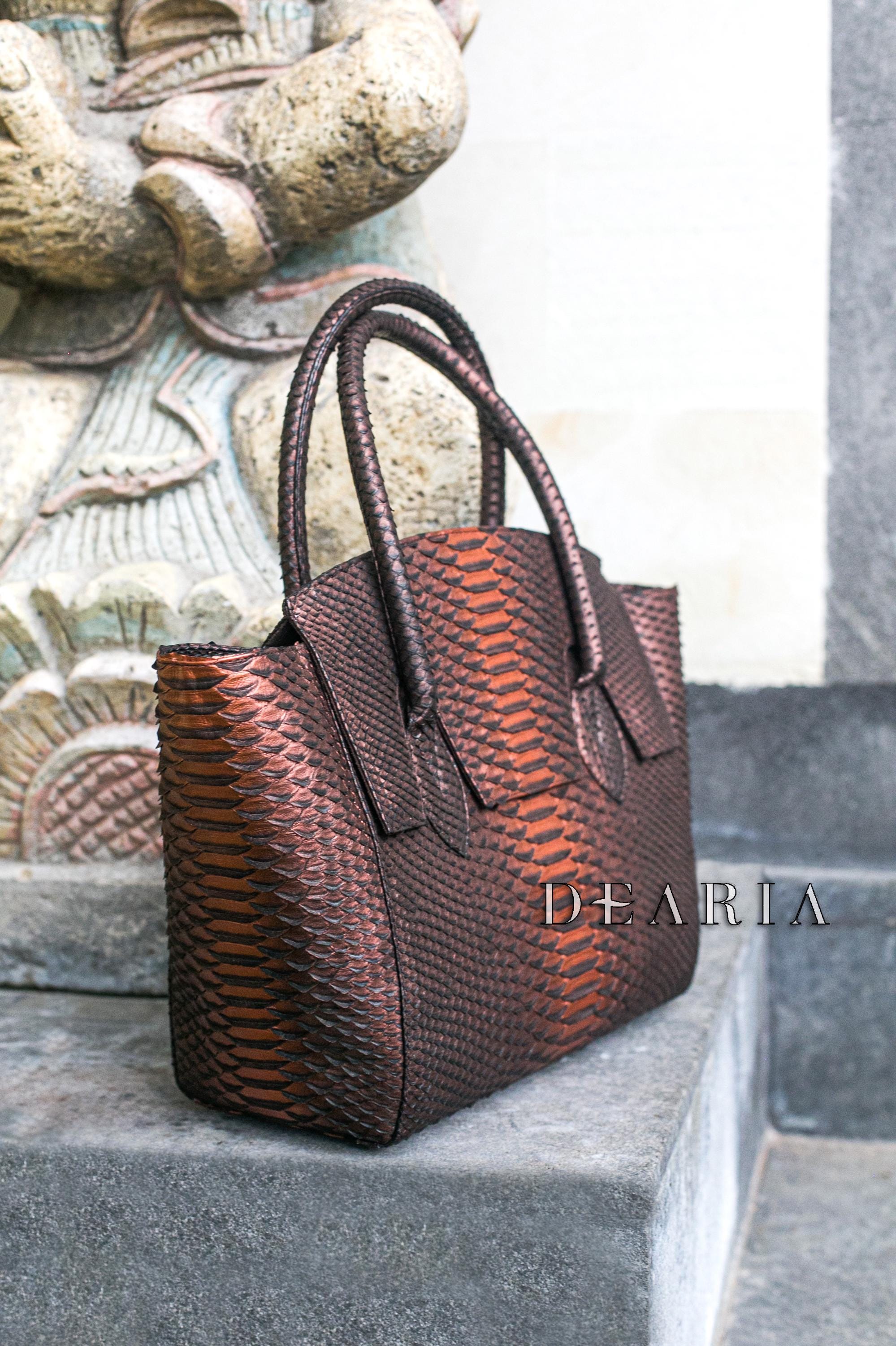 Python Leather Bronze Tote Bag - Luxury Exotic Brown Handbag ...