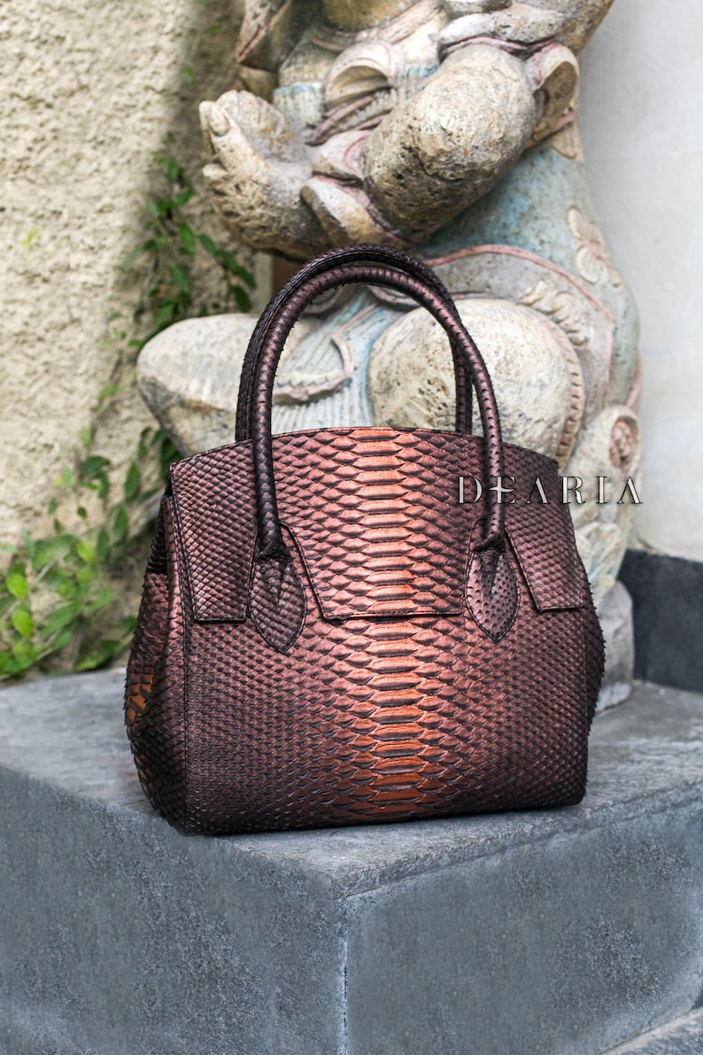Python Leather Bronze Tote Bag - Luxury Exotic Brown Handbag ...