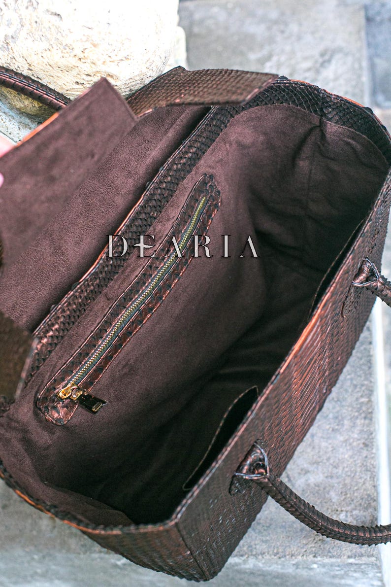 Python Leather Bronze Tote Bag - Luxury Exotic Brown Handbag ...