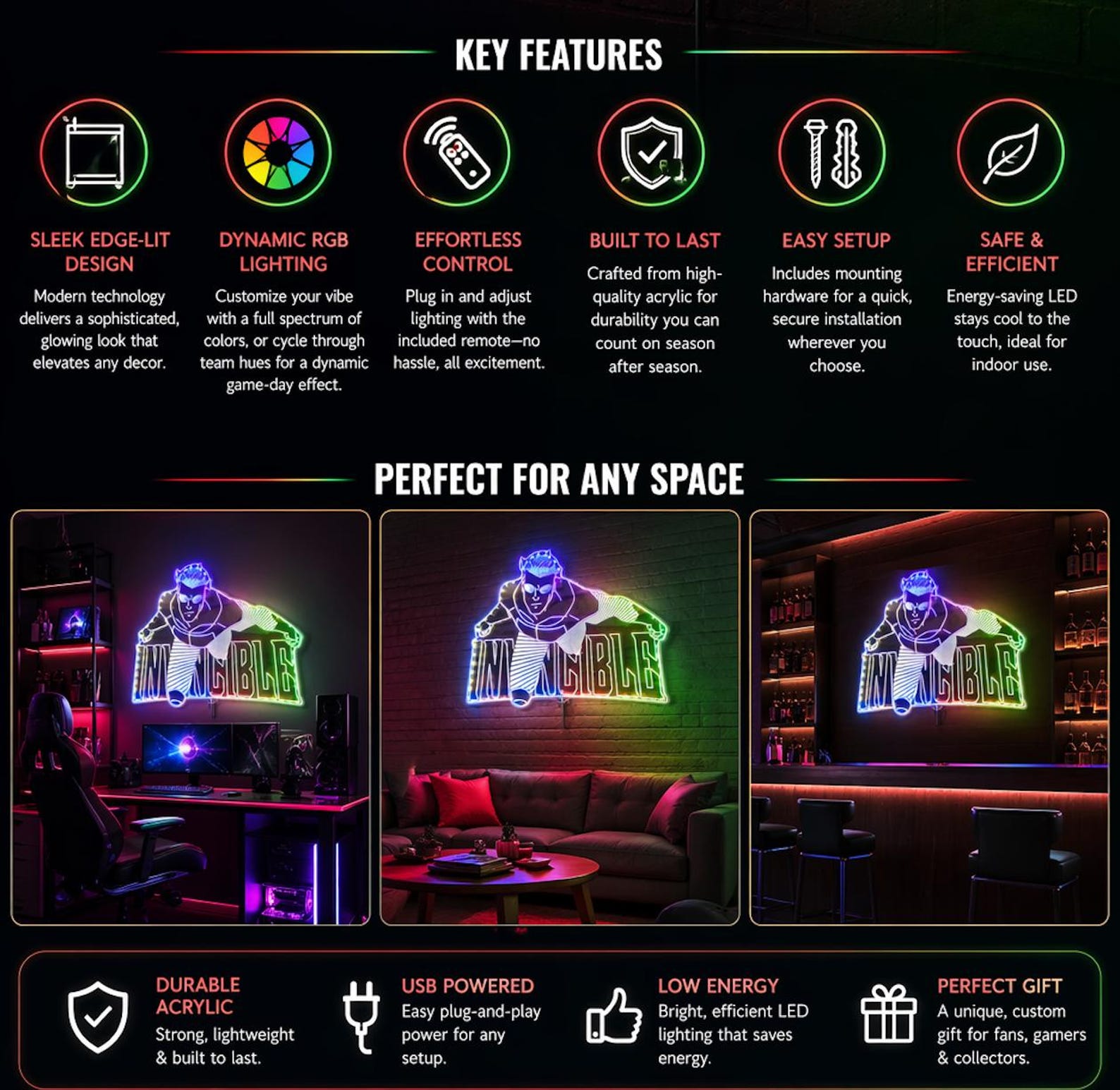 Invincible Wall LED Light Sign With Multi Colors, Custom Comic Game ...