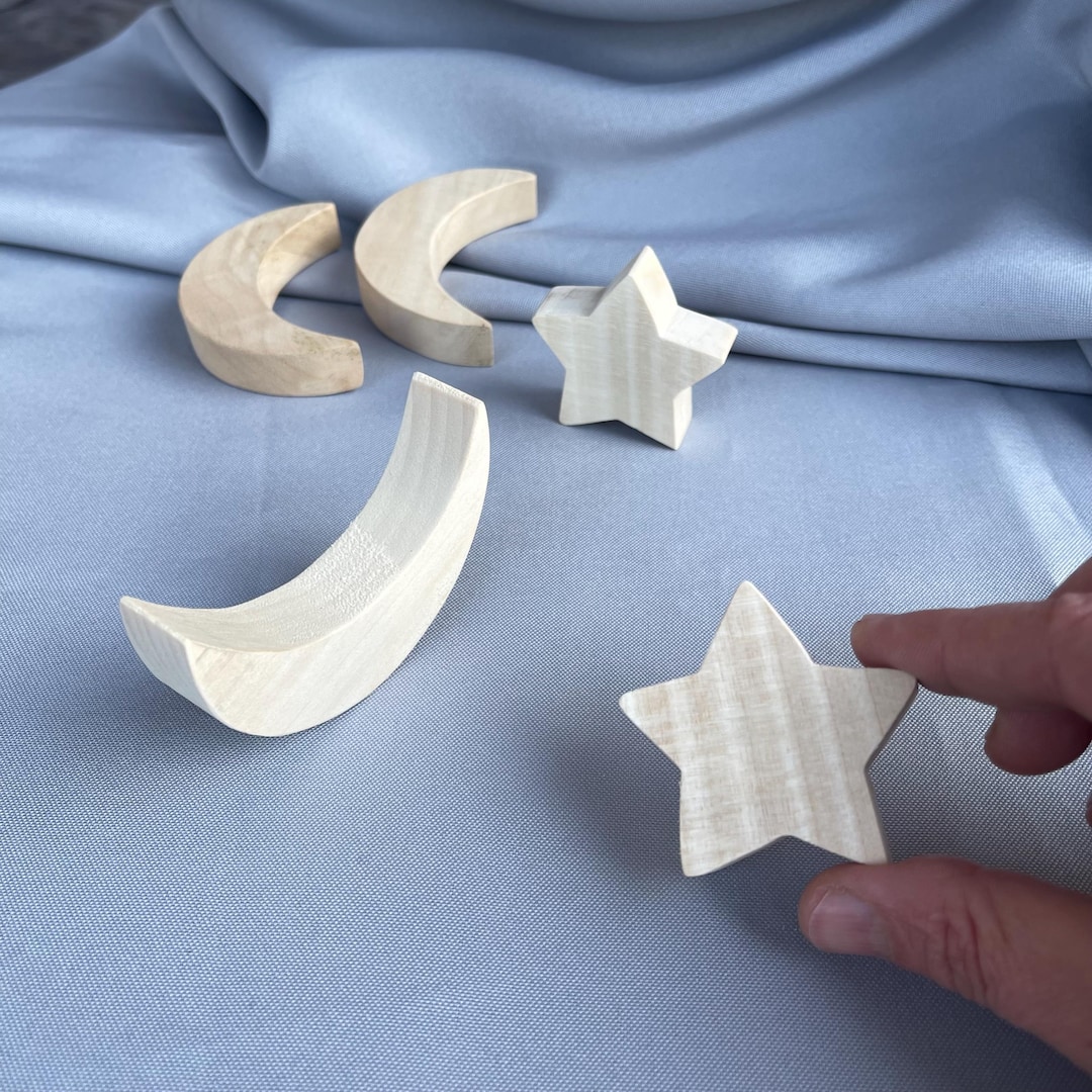 Wooden Unfinished Star and Moon Cutout, Free Standing Small Figurine ...