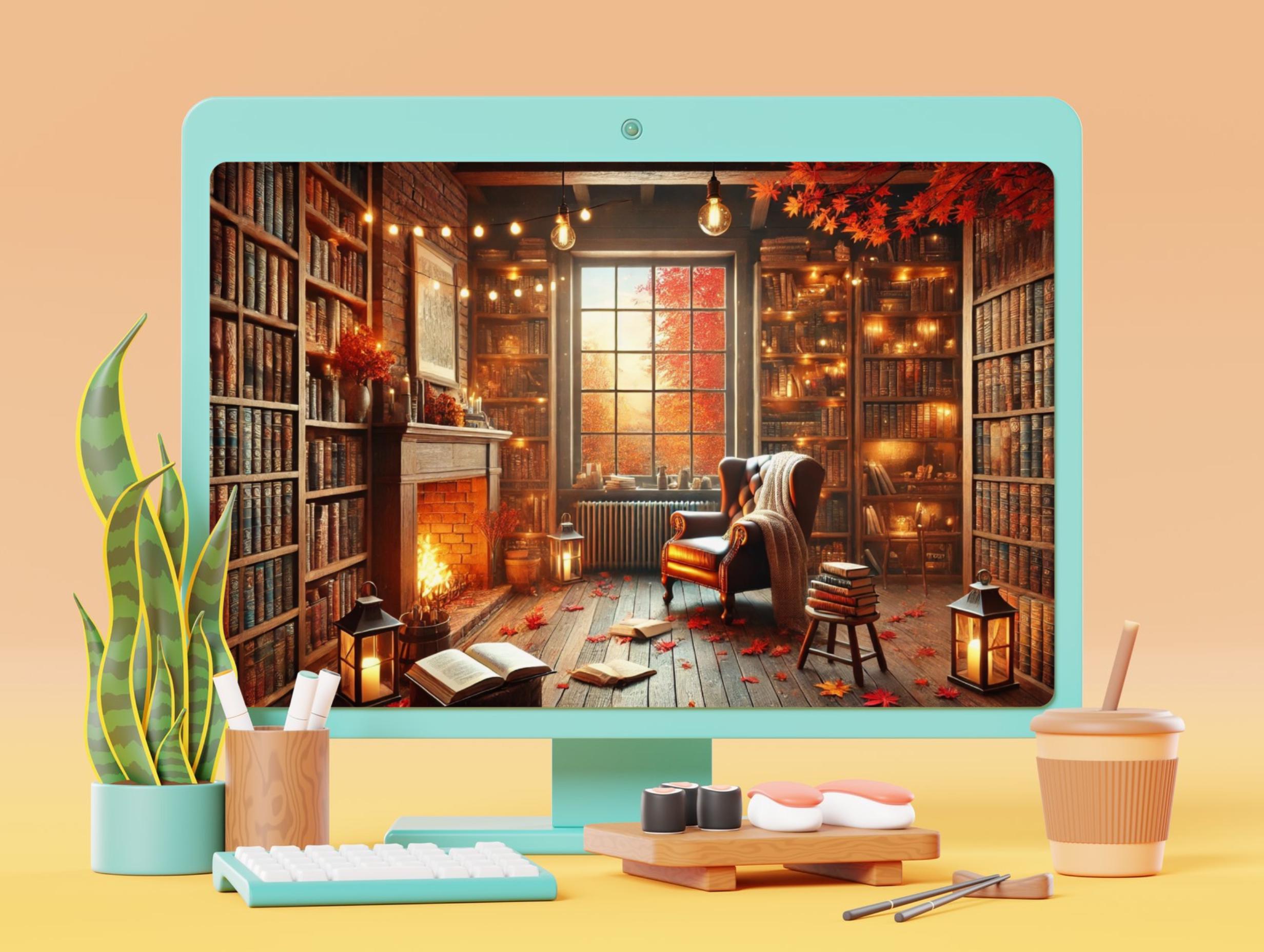 Cozy Autumn Library Desktop Wallpaper Warm Fall Aesthetic for Book ...
