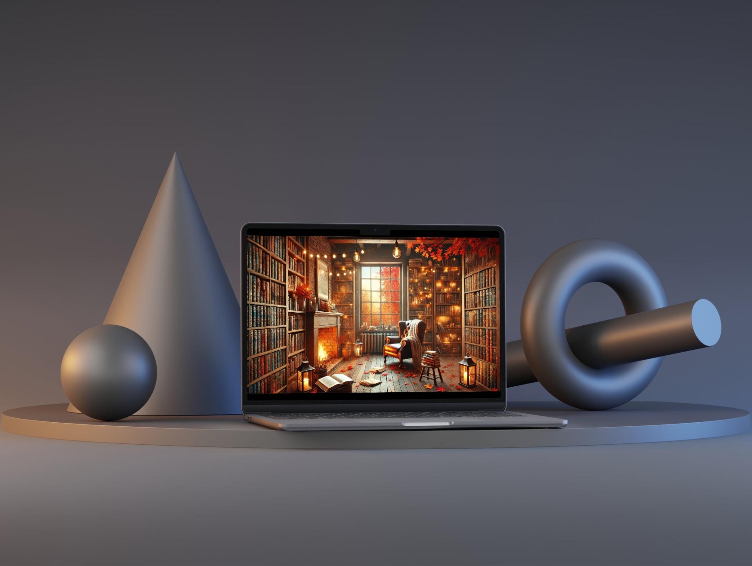 Cozy Autumn Library Desktop Wallpaper | Warm Fall Aesthetic for Book ...