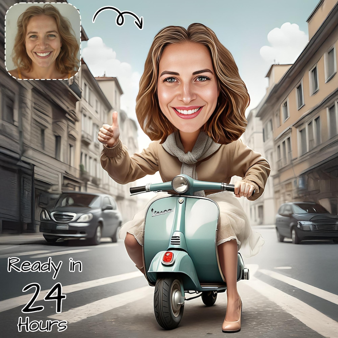 Custom Scooter Cartoon Portrait, Personalised Vespa Caricature Drawing ...